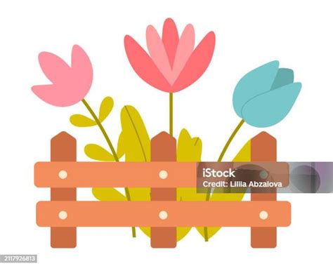 흰색 배경에 고립 된 울타리 뒤에 귀여운 간단한 봄 꽃 플랫 스타일 벡터 일러스트 레이 션 0명에 대한 스톡 벡터 아트 및 기타