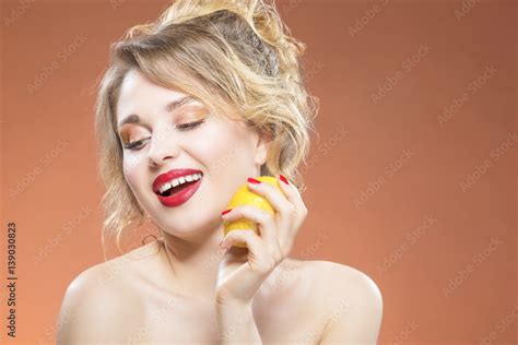 Stockfoto Sexy Fruit Series Portrait Of Sensual Sexy Caucasian Blond