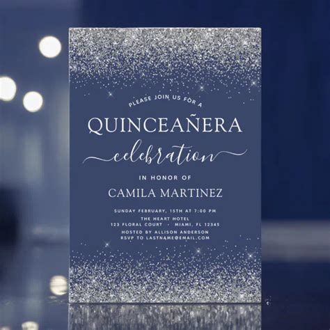 Quinceanera Navy Blue Silver Modern Glitter Invitation Zazzle