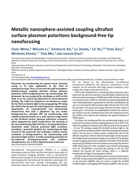Pdf Metallic Nanosphere Assisted Coupling Ultrafast Surface Plasmon Polaritons Background Free