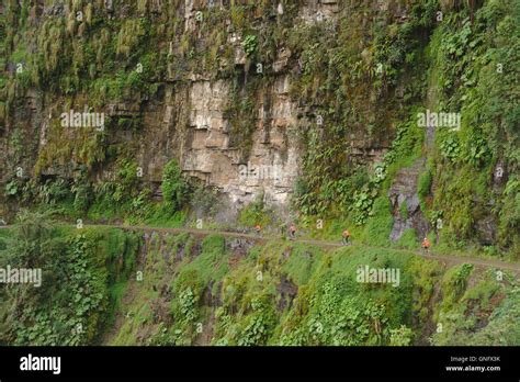 Cyclists On The Death Road In The Yungas Near La Paz Bolivia Stock