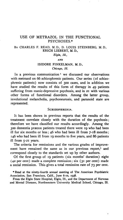 Use Of Metrazol In The Functional Psychoses American Journal Of
