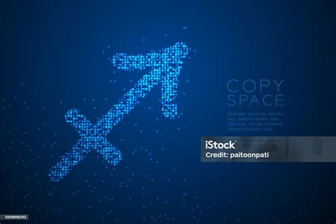 추상적인 기하학적 Bokeh 서클 도트 픽셀 패턴 궁수자리 조디악 기호 모양 별자리 개념 디자인 블루의 컬러 일러스트 레이 션의 블루 그라데이션 배경 복사 공간 벡터 Eps