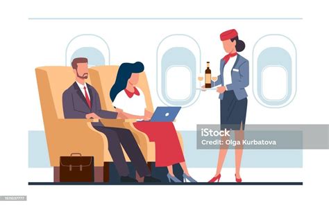 양복을 입은 남자와 사업가가 비즈니스 클래스에서 비행기를 타고 있다 가벼운 승무원이 탑승한 승객에게 음료를 제공한다 유니폼을 입은 스튜어디스 만화 평면 격리 벡터 개념