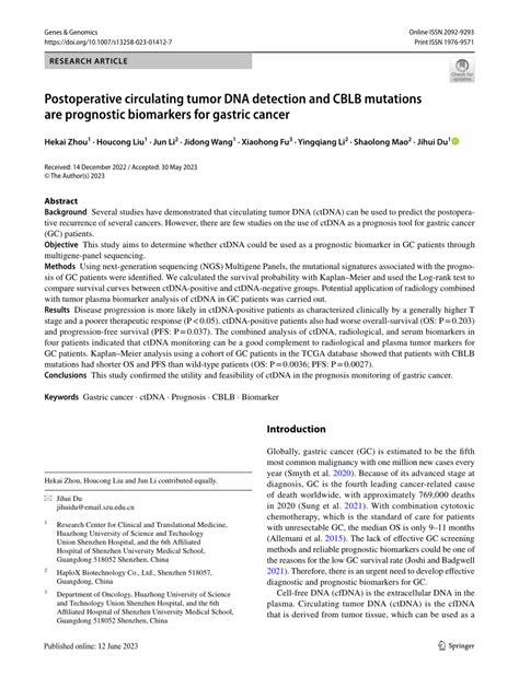 Pdf Postoperative Circulating Tumor Dna Detection And Cblb Mutations