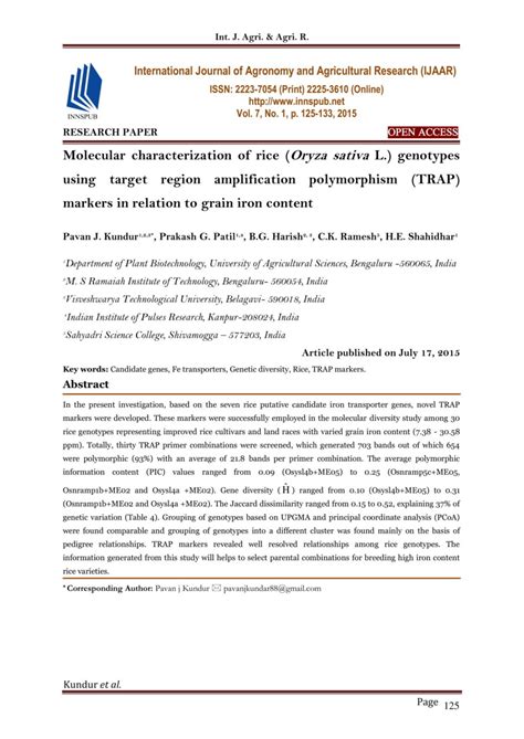 Molecular Characterization Of Rice Oryza Sativa L Genotypes Using Target Region Amplification