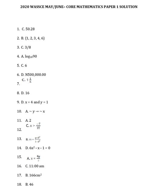 2020 Wassce Core Mathematics Paper 1 Solution Pdf