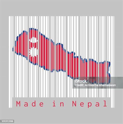 바코드 회색 배경에 흰색 바코드에 네팔 지도 개요 및 네팔 국기의 색상에 모양을 설정합니다 개념에 대한 스톡 벡터 아트 및 기타 이미지 Istock