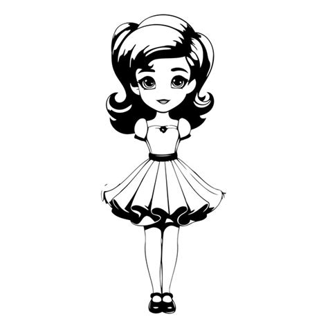 Милая девушка из мультфильма с длинными волосами в платье Премиум векторы
