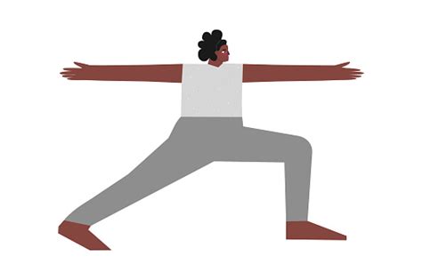 여성 캐릭터가 있는 벡터 일러스트레이션 스포티한 아프리카 계 미국인 여성은 요가 수업에서 서있는 자세 Virabhadrasana