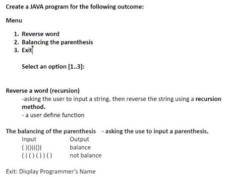 Solved Create A Java Program For The Following Outcome Menu