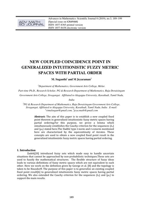 Pdf New Coupled Coincidence Point In Generalized Intuitionistic Fuzzy Metric Spaces With