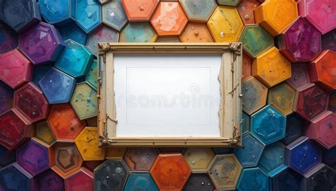 Hanging Frame On Colorful Hexagonal Tile Background With White Insert