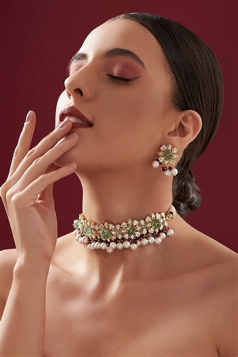 Gold Plated Ruby Beads And Moissanite Polki Handcrafted Choker Necklace
