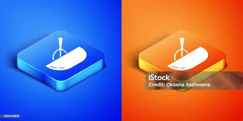 파란색과 주황색 배경에 고립 된 등도 측정 부엌 거품기와 그릇 아이콘 조리 기구 계란 비터 칼 붙이 기호 음식 믹스 기호 정사각형 버튼입니다 벡터 3차원 형태에 대한 스톡