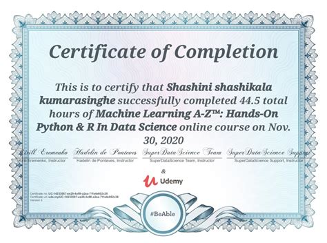 Successfully Completed Machine Learning A Z Hands On Python And R In Data Science Shashini