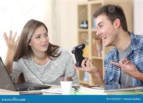 Angry Girl Complaining To Lazy Classmate At Home Stock Image Image Of