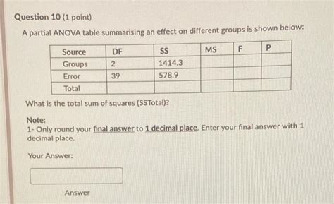 Solved Question 10 1 Point A Partial Anova Table