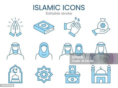 이슬람 꾸란 사람 무슬림 등과 같은 아랍어 아이콘 편집 가능한 획 기도하기에 대한 스톡 벡터 아트 및 기타 이미지 기도하기