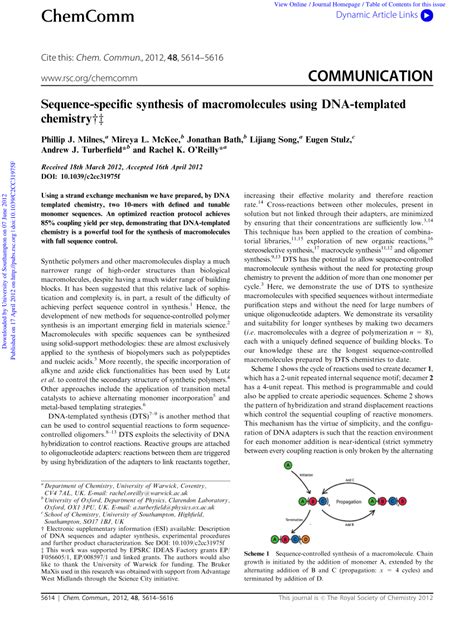 Pdf Sequence Specific Synthesis Of Macromolecules Using Dna Templated