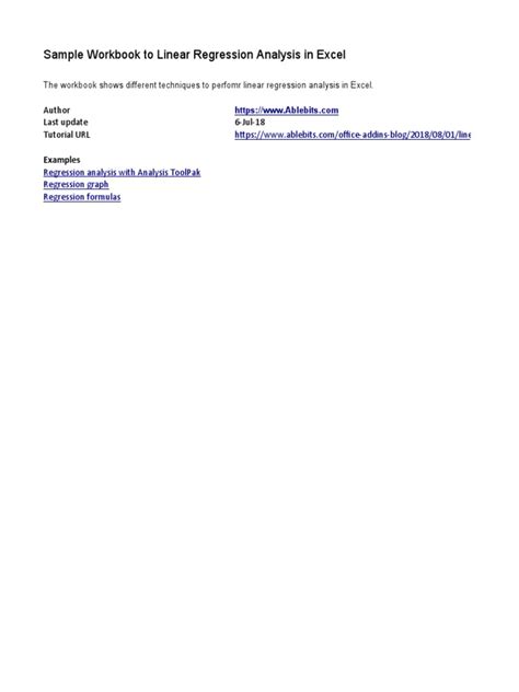 Sample Workbook To Linear Regression Analysis In Excel Author Last Update 6 Jul 18 Tutorial Url