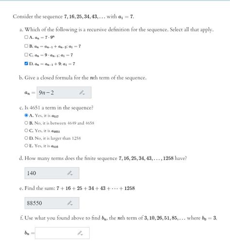 solved part f find the closed formula for the nth term