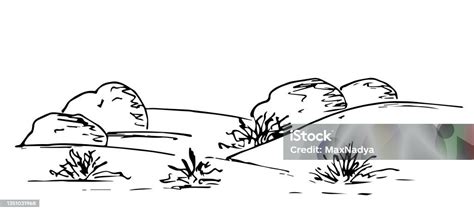 검은 윤곽선에 간단한 손으로 그린 벡터 그리기 잉크 스케치 산 바위 야생 풍경 돌 바위 마른 잔디 자연 사막 관광 및 여행 건조한에 대한 스톡 벡터 아트 및 기타 이미지