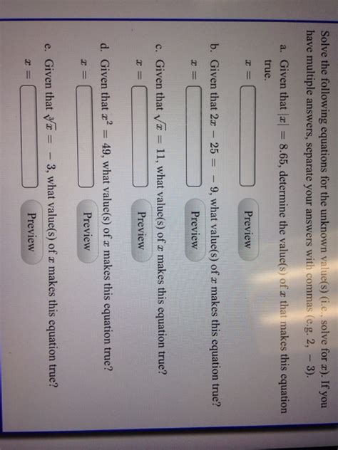 solved solve the following equations for the unknown