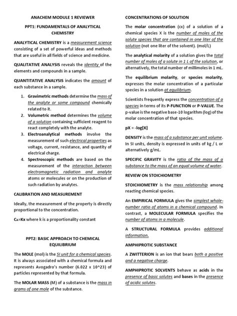 Anachem Module 1 Reviewer Pdf Chemical Equilibrium Mole Unit