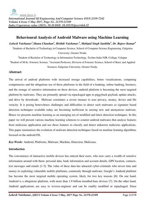 Pdf Behavioural Analysis Of Android Malware Using Machine Learning