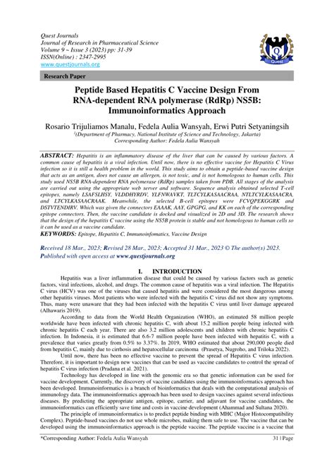 Pdf Peptide Based Hepatitis C Vaccine Design From Rna Dependent Rna Polymerase Rdrp Ns5b