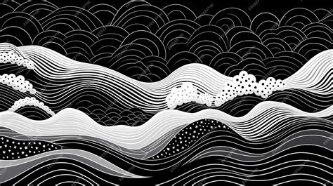 Abstract Background With Wavy Lines And Dots Black And White Illustration Premium Ai Generated