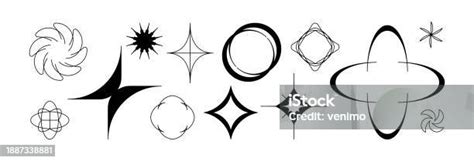 벡터 최소 기하학적 일러스트레이션 세트 미래 디지털 트렌디 추상 미적 선형 구성 인쇄물 프레임 및 그래픽 디자인 요소 Y2k 및 브루탈리스트 스타일 별과 반짝임 밀레니엄에