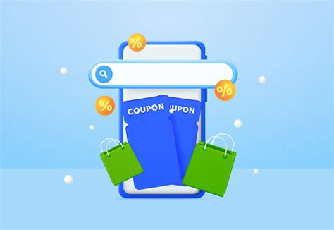 판매 쿠폰 바우처가 있는 스마트폰 검색 창 쇼핑백 백분율 구 온라인 판매 및 마케팅 개념입니다 판매 쿠폰 및 온라인 쇼핑 구성 3d 벡터 그림 3차원 형태에 대한 스톡 벡터