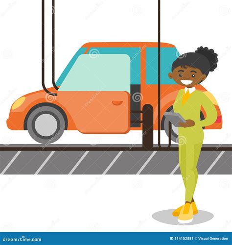 Worker Controlling Automated Assembly Line For Car Stock Vector Illustration Of Automobile
