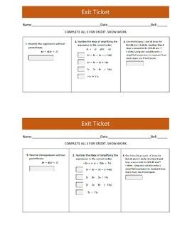 Subtracting Algebraic Expressions Exit Ticket By Jami King TPT