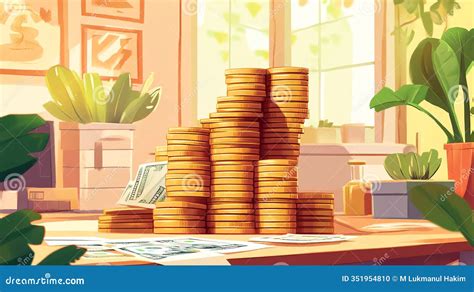 Cartoon Illustration Stacks Of Gold Coins And Money Dollar Bills Stock Photo Image Of Stack