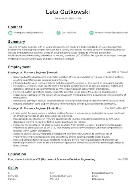 Firmware Engineer Resume CV Example And Writing Guide