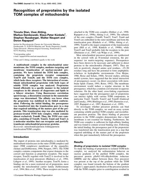 Pdf Recognition Of Preproteins By The Isolated Tom Complex Of