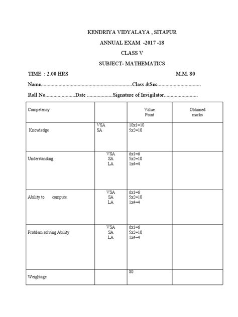 Class V Maths Annual 2017 18 Pdf Area Elementary Mathematics