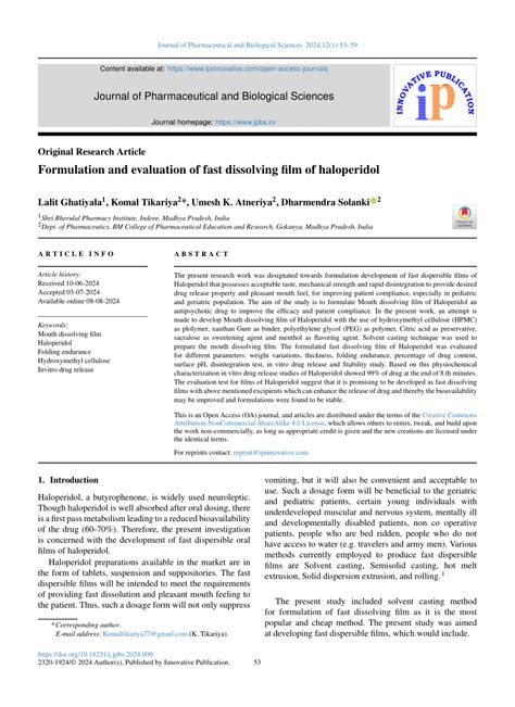 Pdf Formulation And Evaluation Of Fast Dissolving Film Of Haloperidol