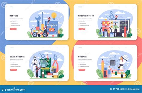 robotics school subject mobile application banner set robot vector