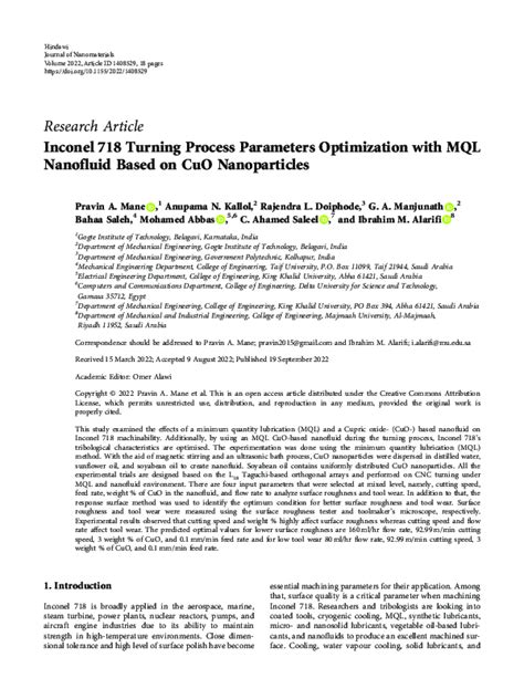 Pdf Inconel 718 Turning Process Parameters Optimization With Mql Nanofluid Based On Cuo