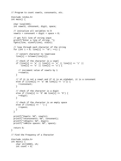 C Style Count The Number Of Vowels Consonants Etc And Frequency Of Characters In A String Pdf