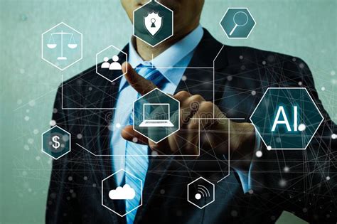 Artificial Intelligence Industry. Integration Computing Concept. Man Presses Brain AI Gears ...