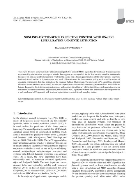 Pdf Nonlinear Statespace Predictive Control With Online Linearisation And State Estimation