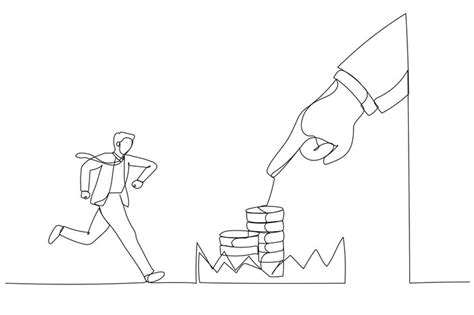 강철 곰 함정에서 동전 돈을 잡으려고 달리는 사업가의 그림 탐욕 재정적 위험과 나쁜 결정에 대한 은유 단일 연속 라인 아트 프리미엄 벡터