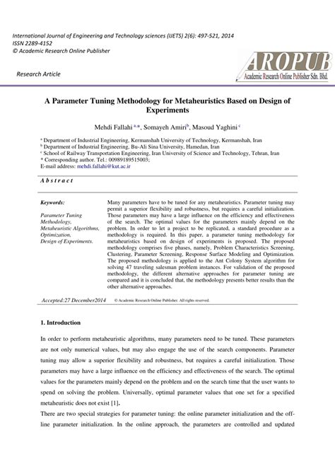pdf a parameter tuning methodology for metaheuristics based on design