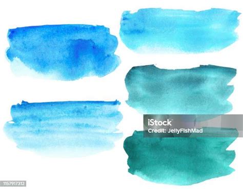 수채화 얼룩 세트 흰색 배경에 있는 지점입니다 브러시 스트로크가 있는 수채화 텍스처 블루 청록색 바다 하늘 격리 벡터 0명에