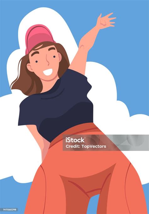 야구 모자에 서있는 여성 캐릭터 위에서 바라 보는 친절한 미소와 흔들리는 손 벡터 일러스트 레이 션 감정에 대한 스톡 벡터 아트 및 기타 이미지 Istock